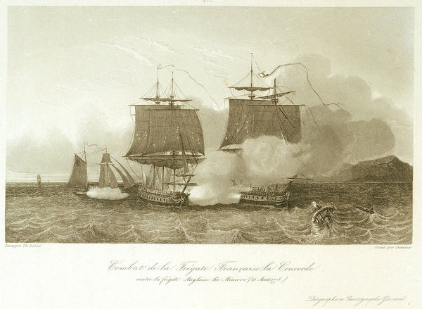 Battle between the French frigate 'Concorde' and the English frigate ...