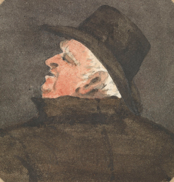 Man wearing a hat, seen from behind with him looking to the left ...